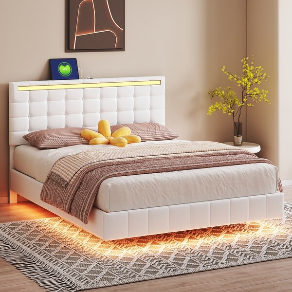 Upholstered Queen Size Floating Bed Frame with LED Lights and USB Charging Modern MDF Plywood Platform Bed 600 lbs Capacity On Sale Bed Bath Beyond 40914542